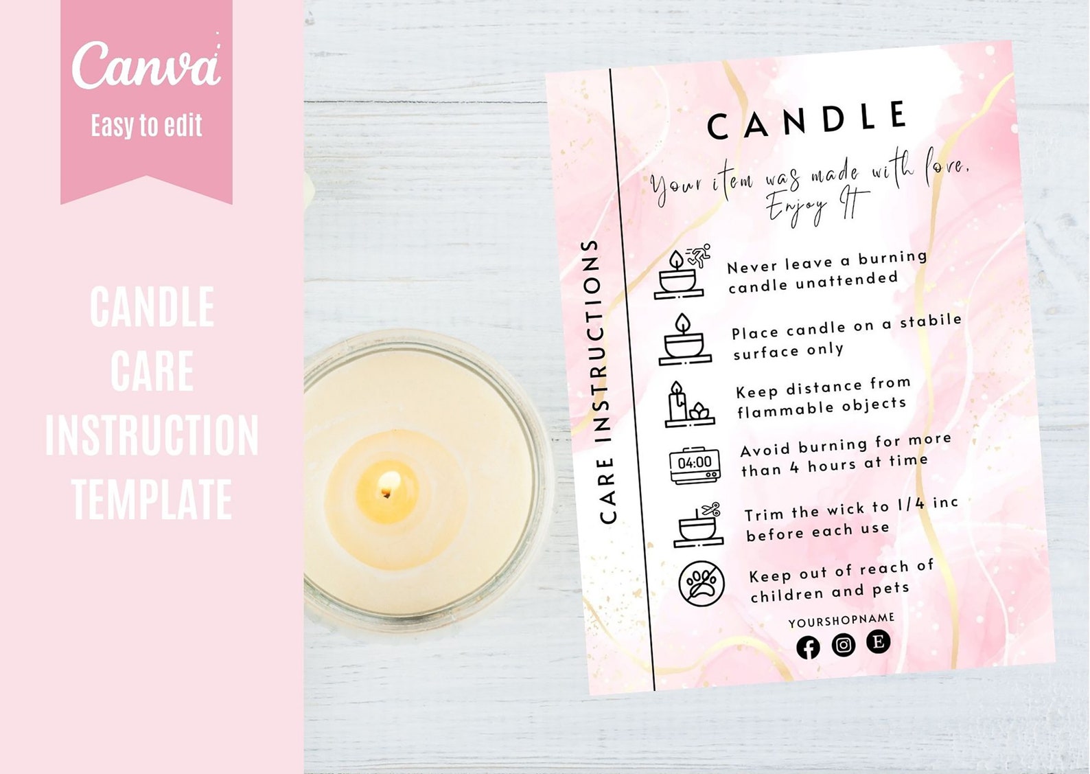 Pink Candle Care Card Printable Candle Instructions Template - Etsy