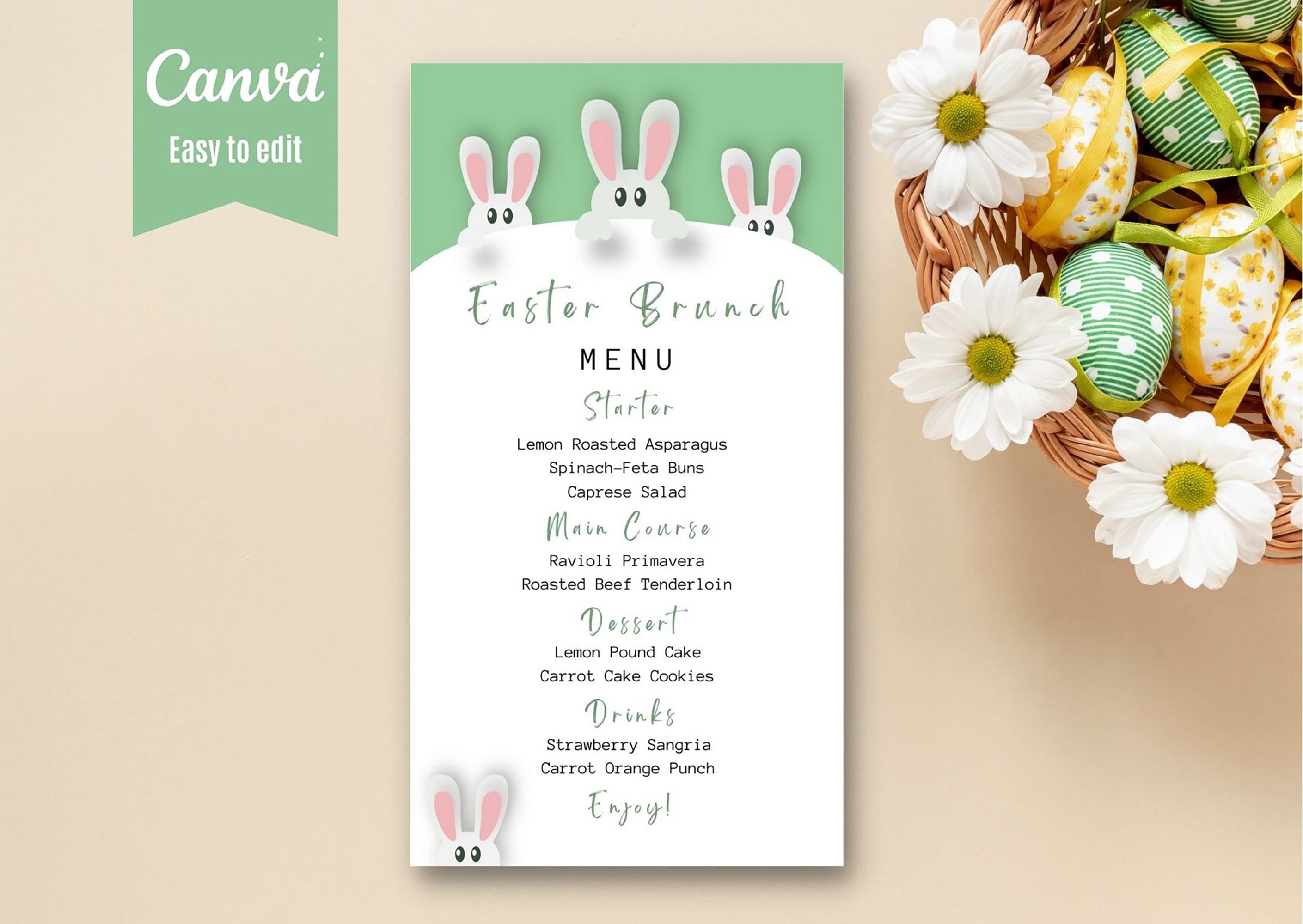 Easter Brunch Menu Template, Printable Easter Menu Rabbit Cards ...