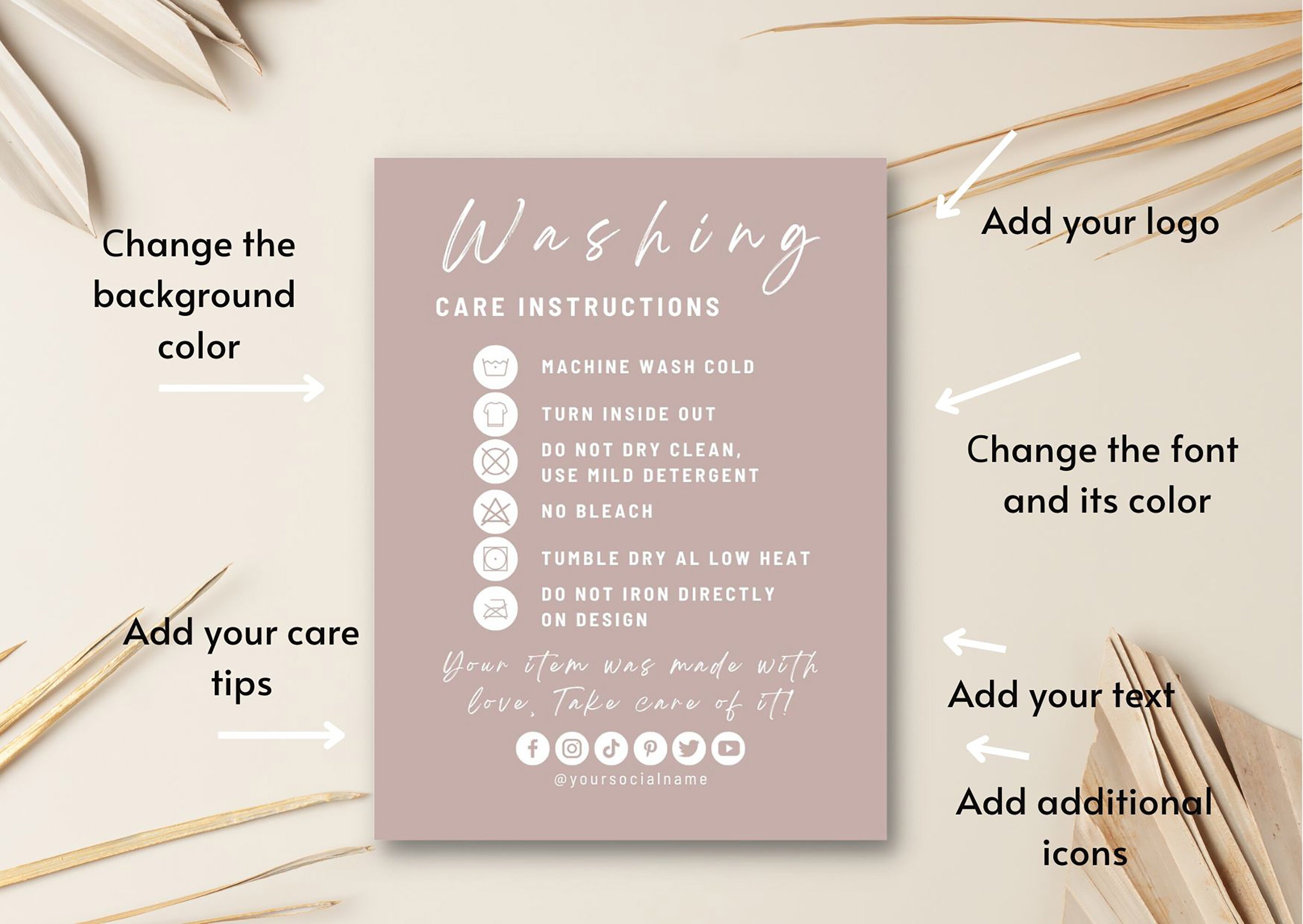 Editable Washing Instructions Boho Printable Apparel Insert - Etsy