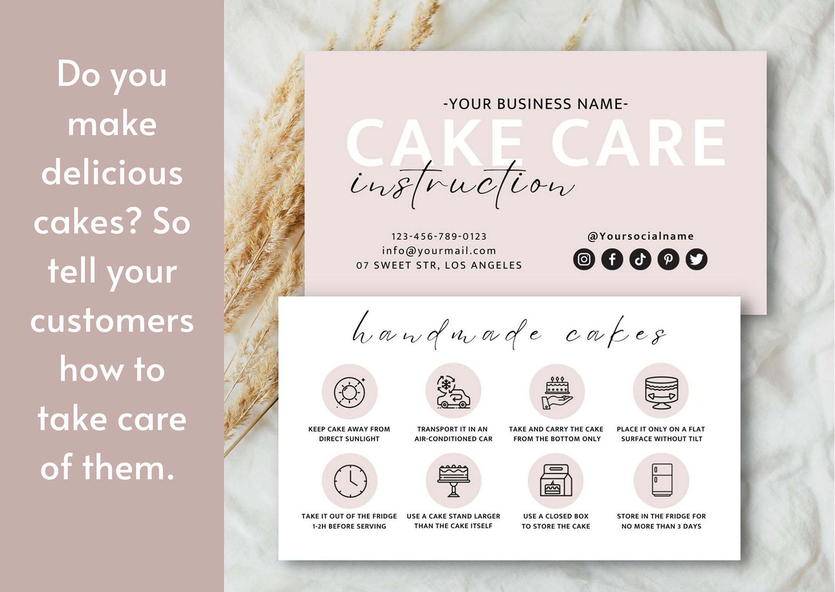 Cake Care Card Template, Canva Editable Cake Care Guide, Printable Boho ...