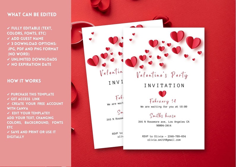 Valentines Day Party Invitation Editable Template for Canva, Red Hearts ...