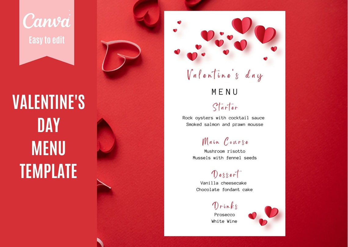 Valentines Day Menu Editable Template for Canva, Red Hearts Dinner ...
