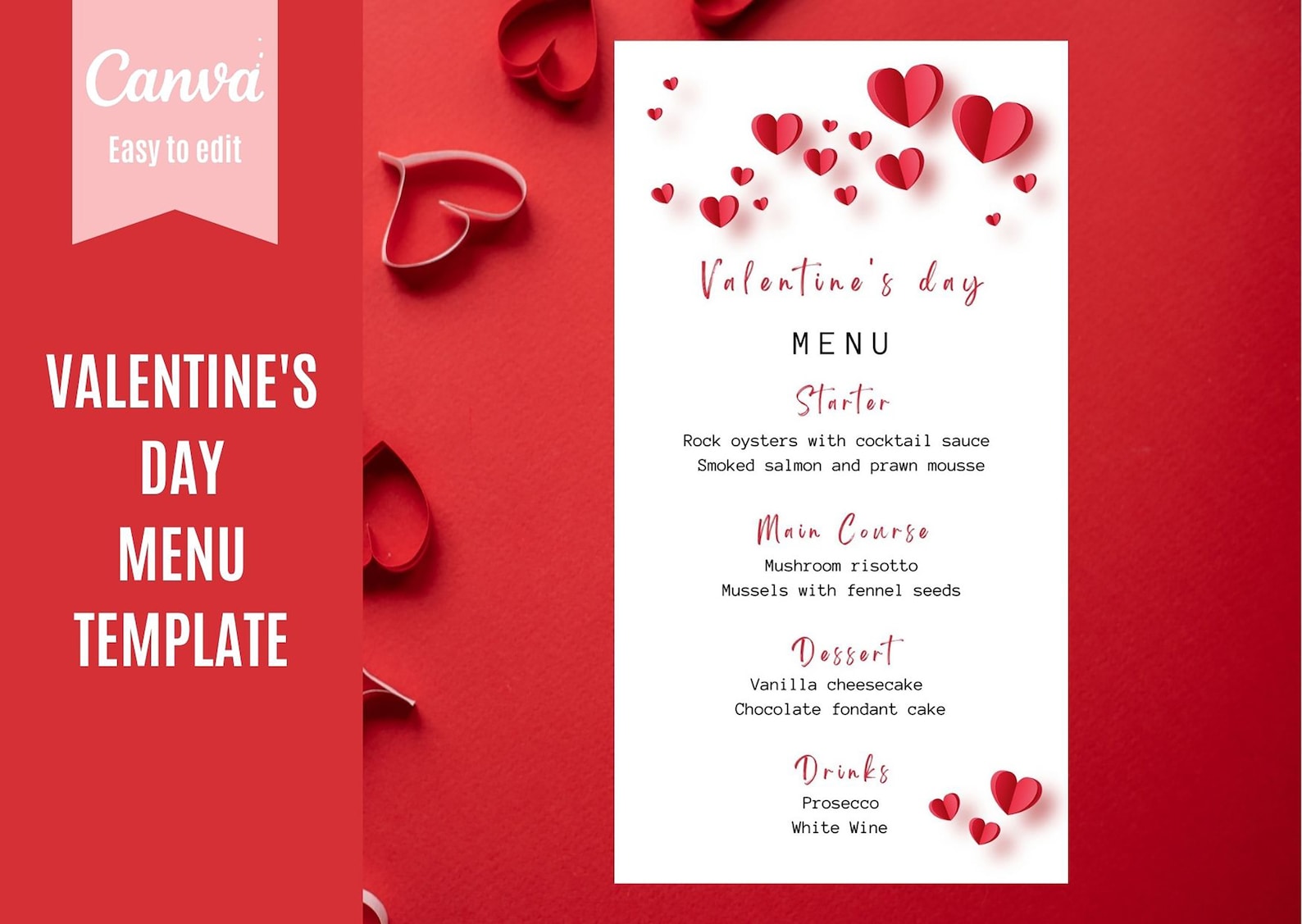 Valentines Day Menu Editable Template for Canva, Red Hearts Dinner ...