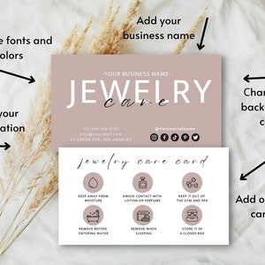 Jewelry Care Card, Printable Jewellery Care Instructions, Editable ...