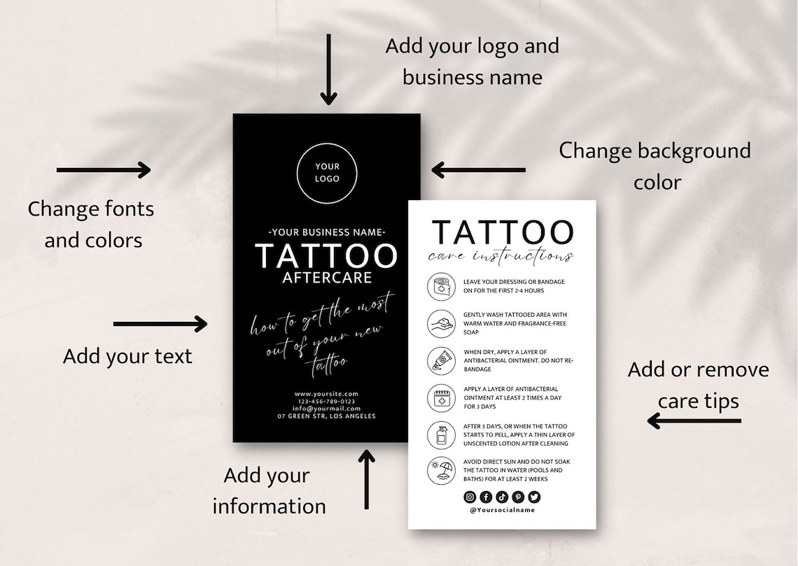 Tattoo Aftercare Card, PMU Aftercare Tattoo Care Cards, Editable Tattoo ...
