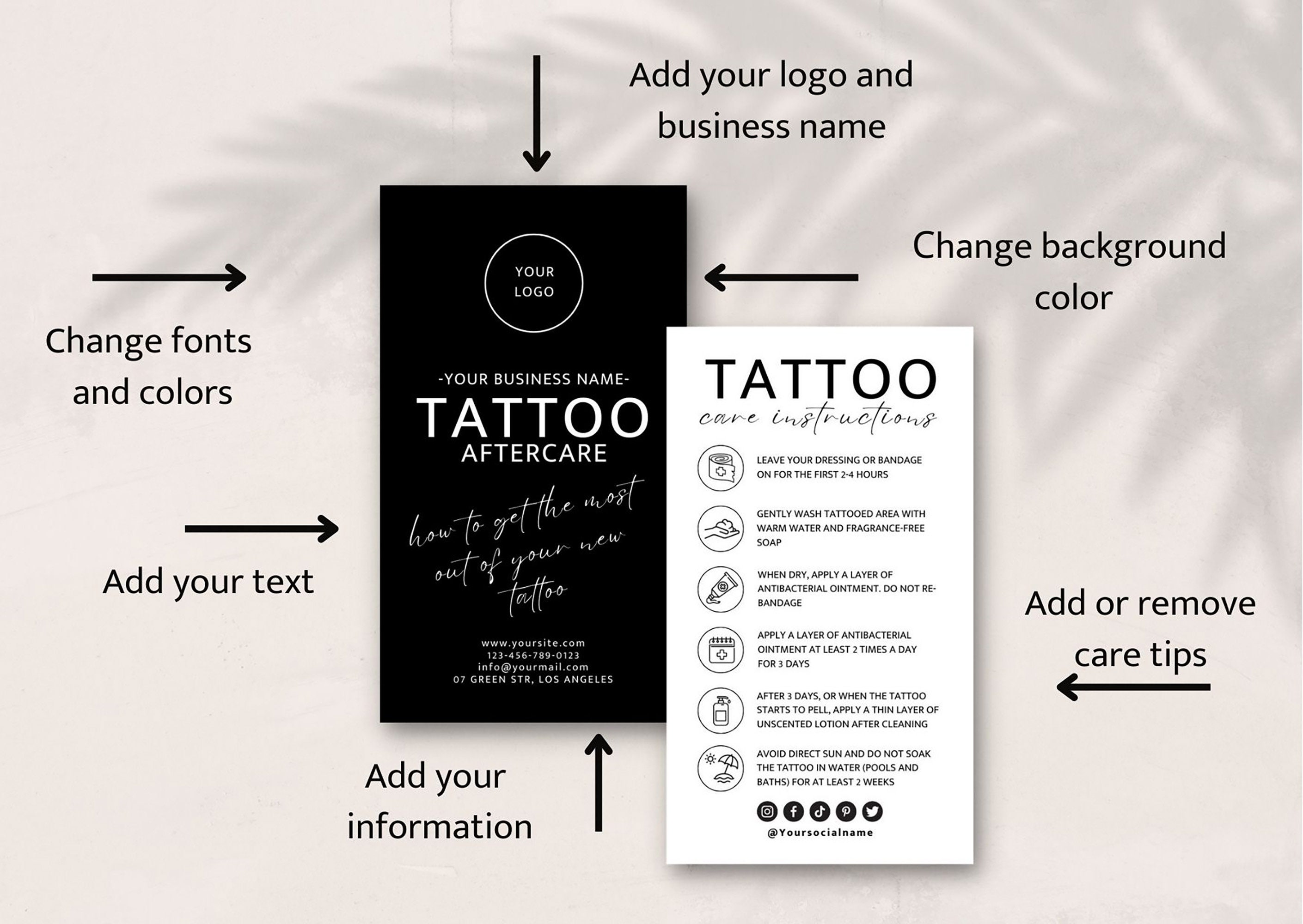 Tattoo Aftercare Card, PMU Aftercare Tattoo Care Cards, Editable Tattoo ...