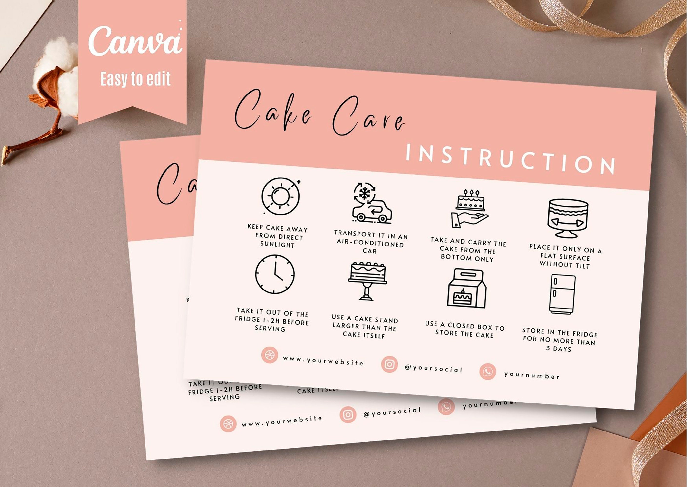 Cake Care Card Template, Canva Editable Cake Care Guide, Printable ...