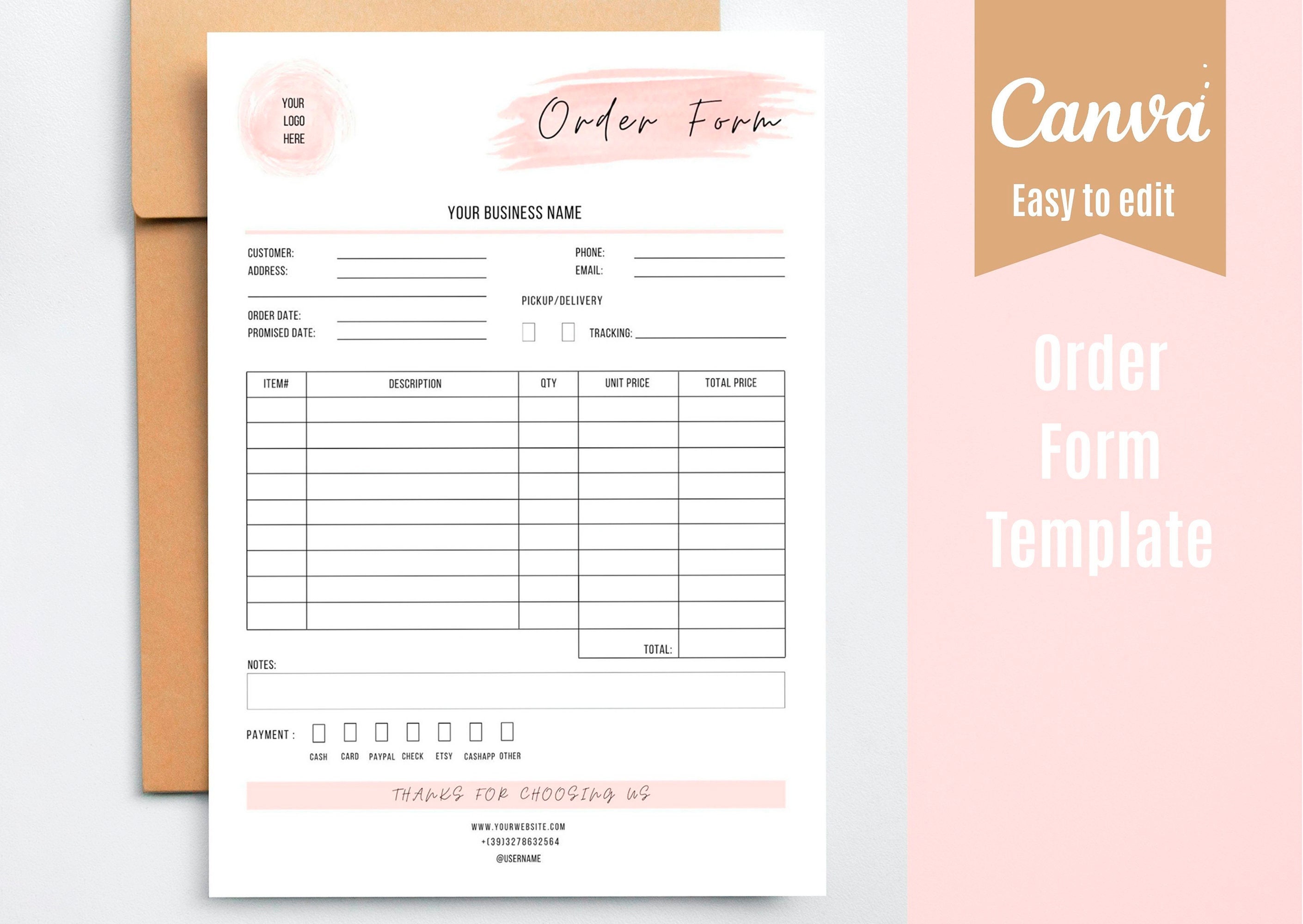Order Form Template Editable on Canva, Printable Small Business Order ...