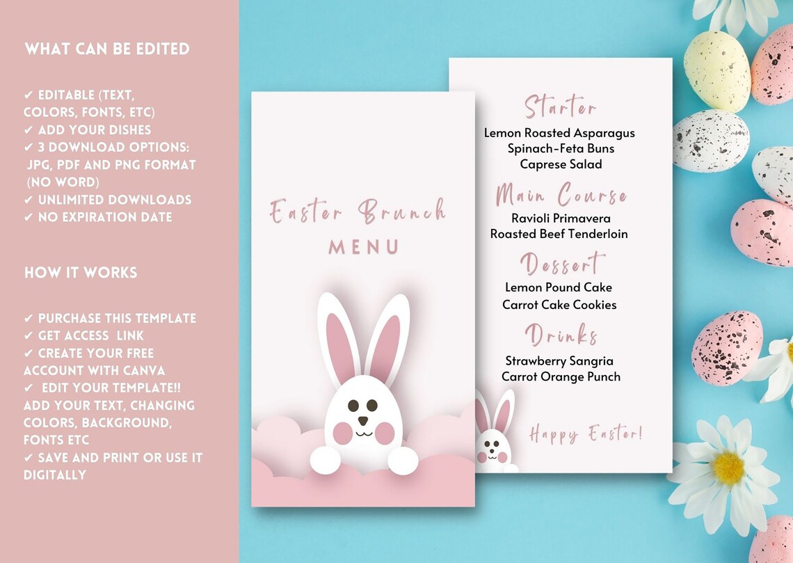 Easter Brunch Menu Template, Printable Rabbit Easter Menu Cards ...