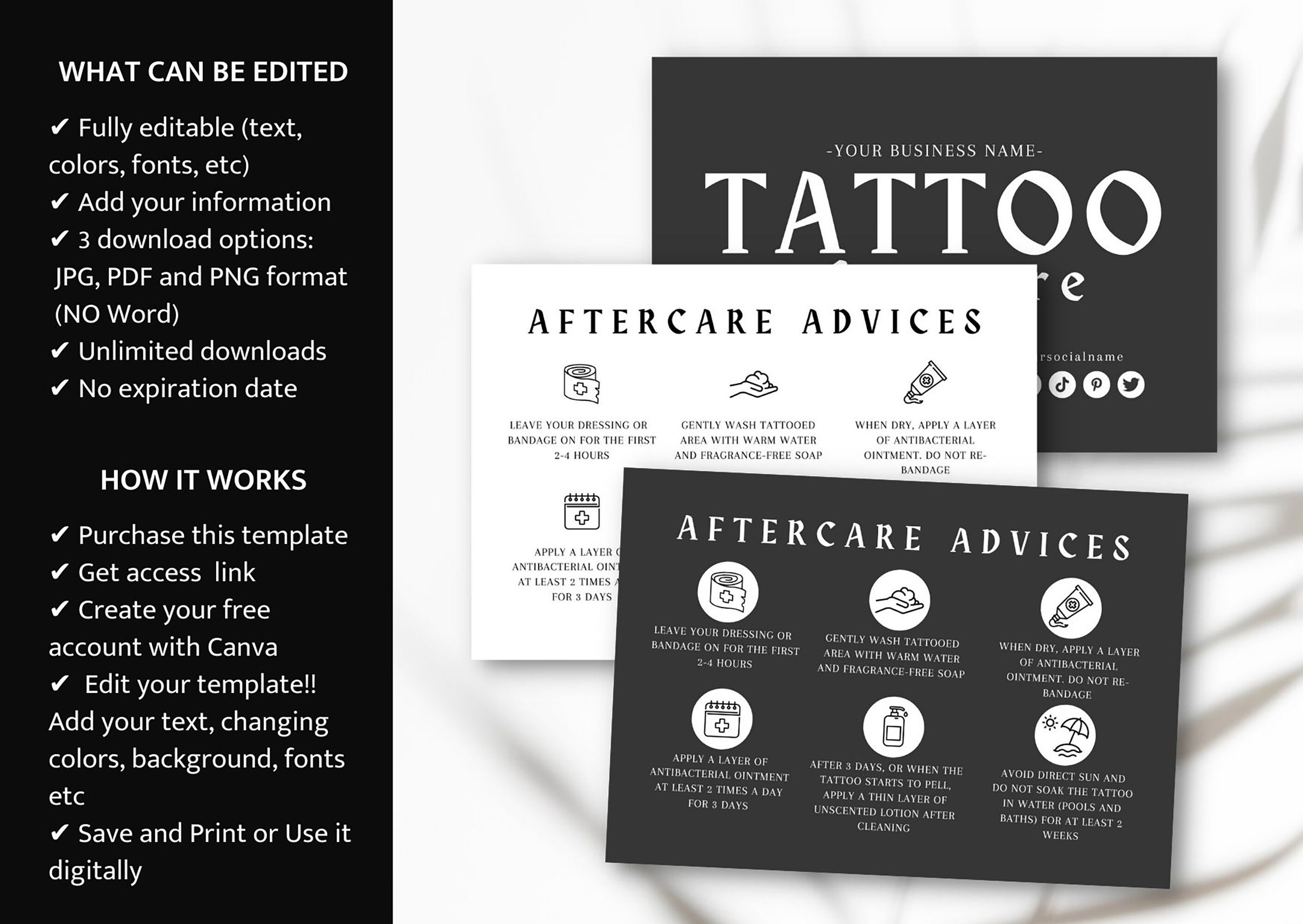 Tattoo Aftercare Card, PMU Aftercare Tattoo Care Cards, Editable Tattoo ...