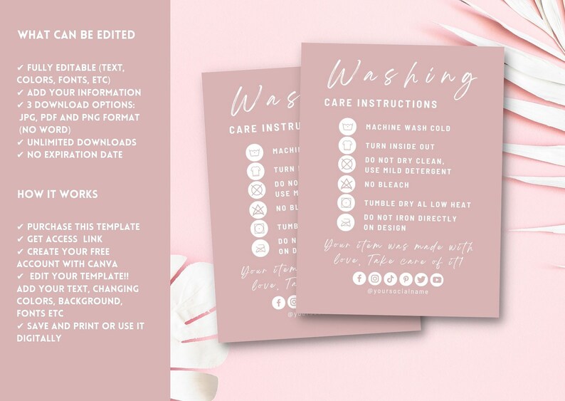 Editable Washing Instructions, Pink Printable Apparel Insert Card ...