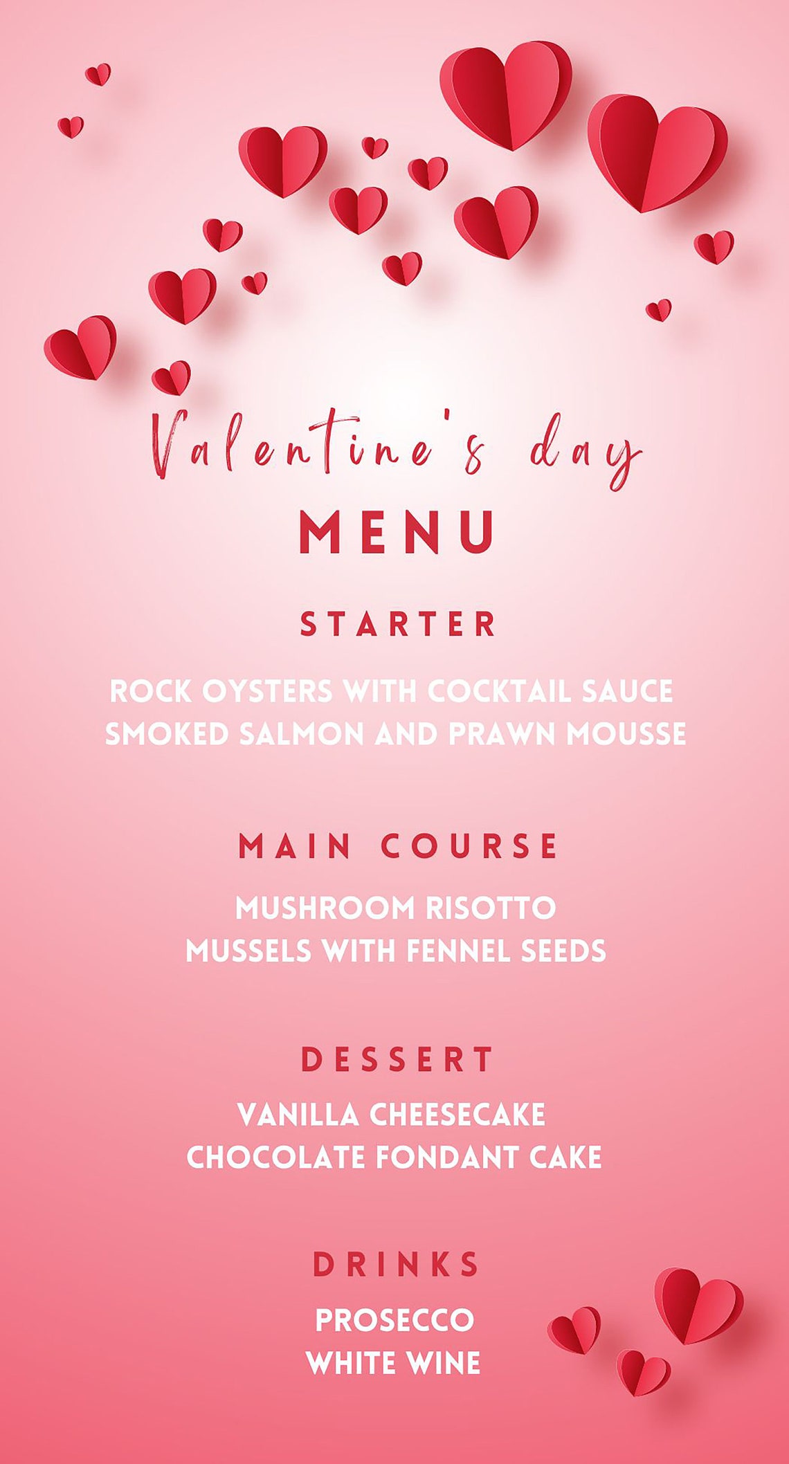 Valentines Day Menu Printable Template, Red Hearts Dinner Party Menus ...