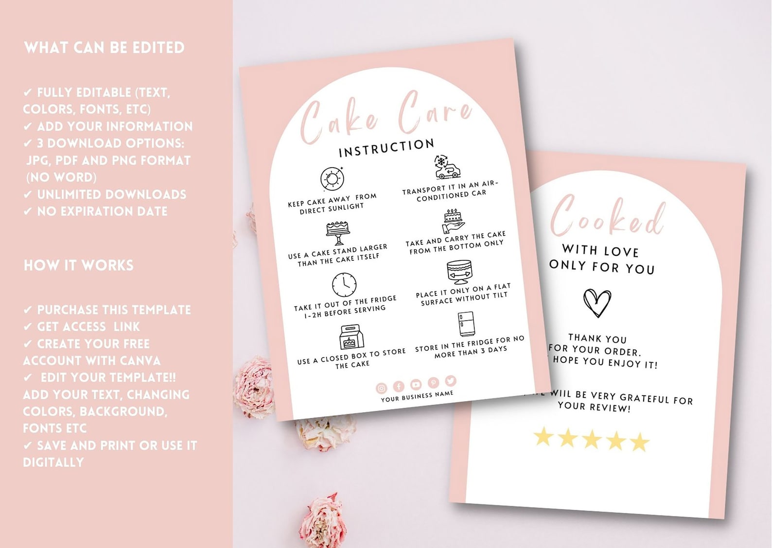 Cake Care Card Template, Canva Editable Cake Care Guide, Printable Pink ...