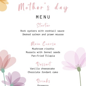 Mothers Day Menu Editable Template, Mother Day Dinner Menu, Mothers Day ...