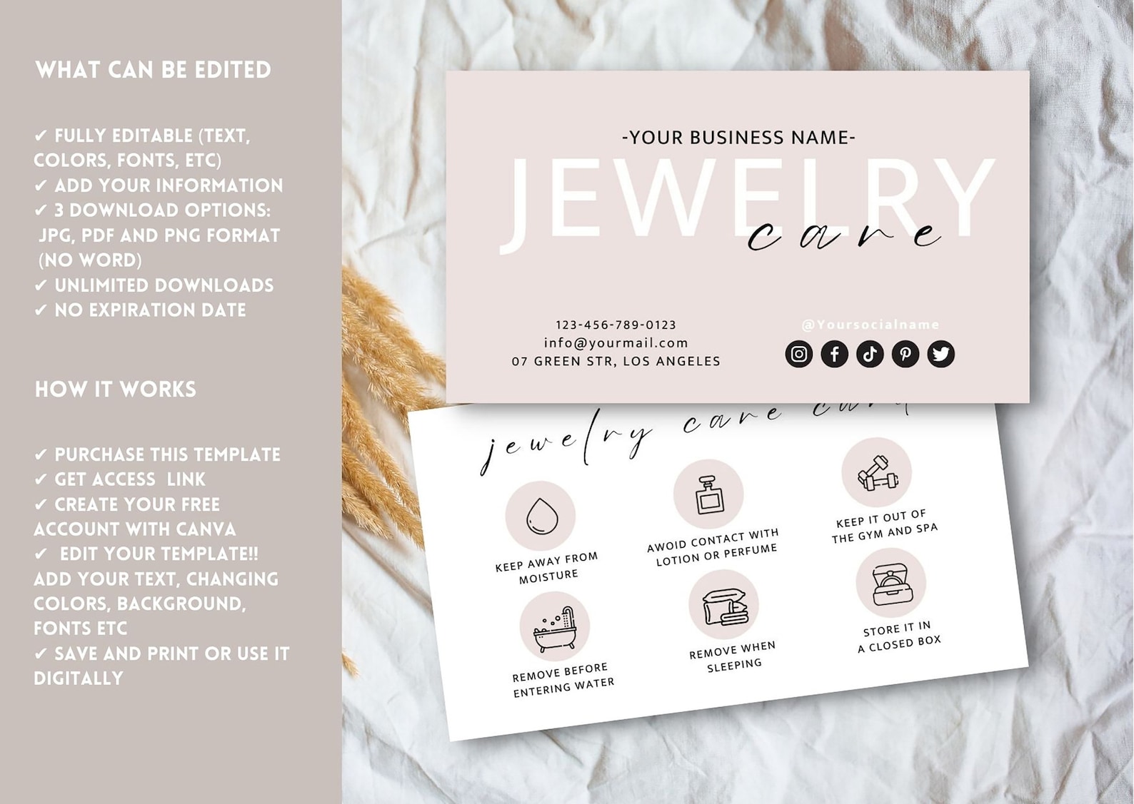 Jewelry Care Card, Printable Jewellery Care Instructions, Editable ...