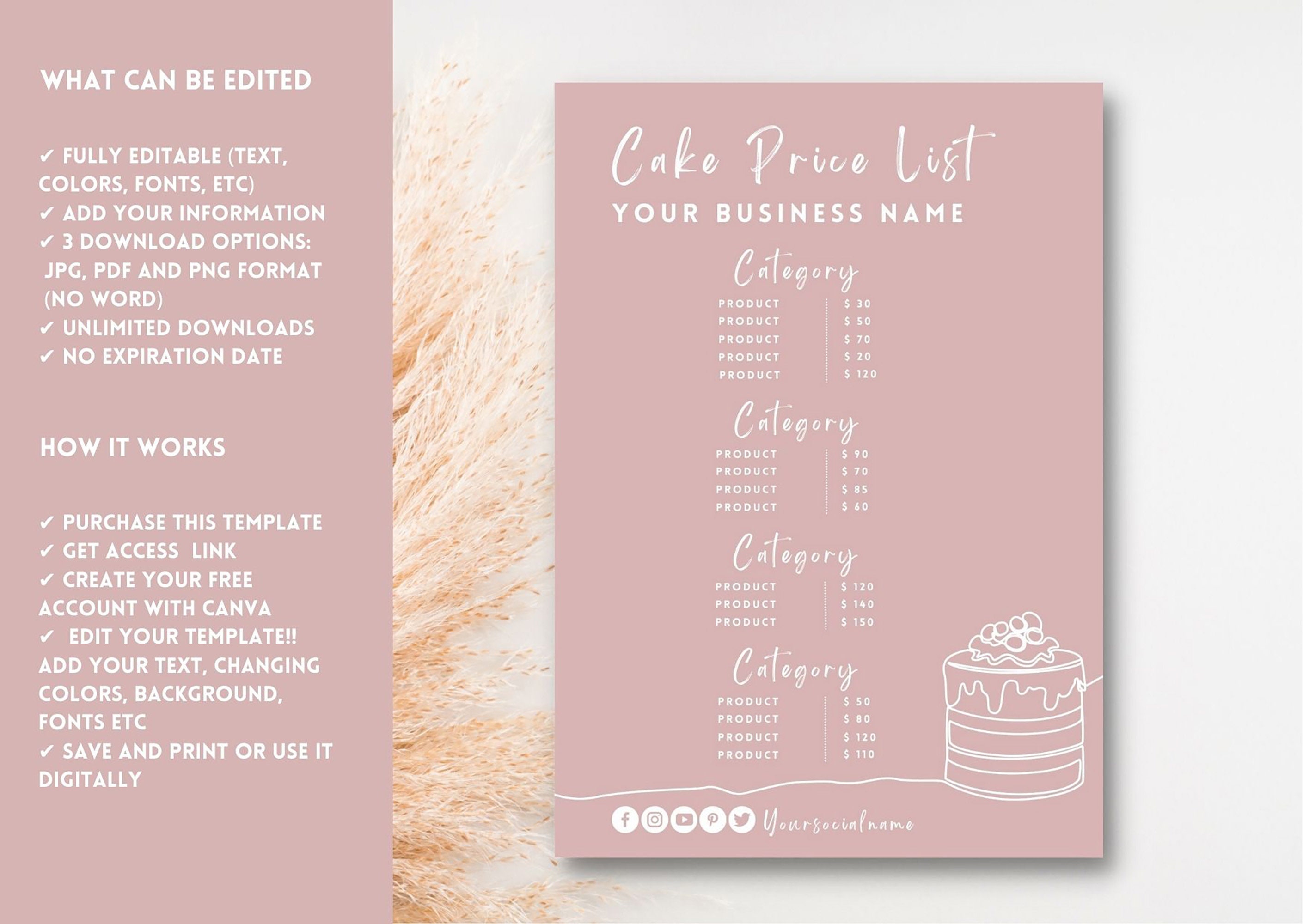 Cake Price List Template Bakery Business Price List Bakery - Etsy