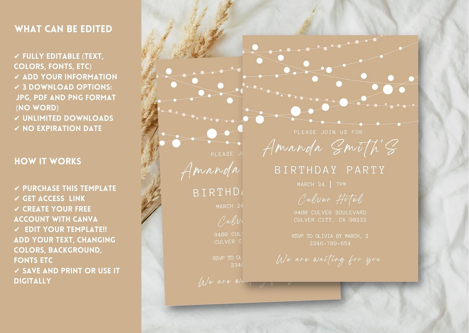 Boho Birthday Party Invitation Card, Celebration Invite Canva Template ...