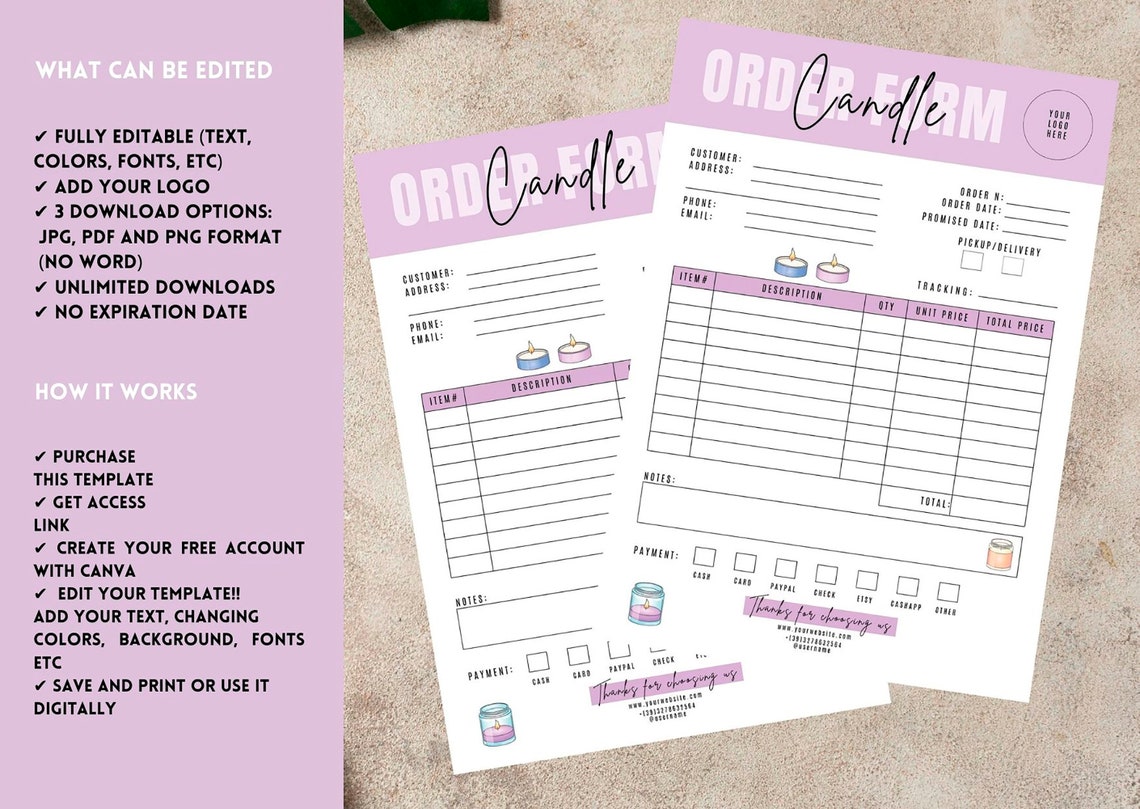 Candle Order Form Template, Editable Invoice Canva Template, Small ...