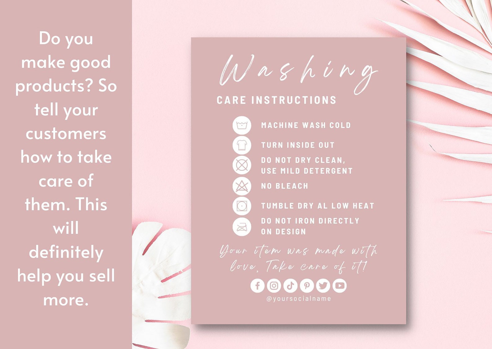 Editable Washing Instructions, Pink Printable Apparel Insert Card ...