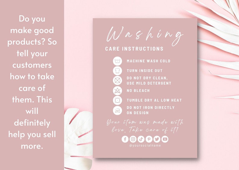 Editable Washing Instructions, Pink Printable Apparel Insert Card ...