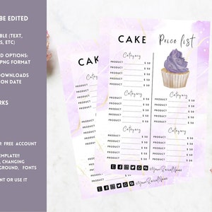 Editable Cake Price List Template for Canva, Bakery Business Price List ...