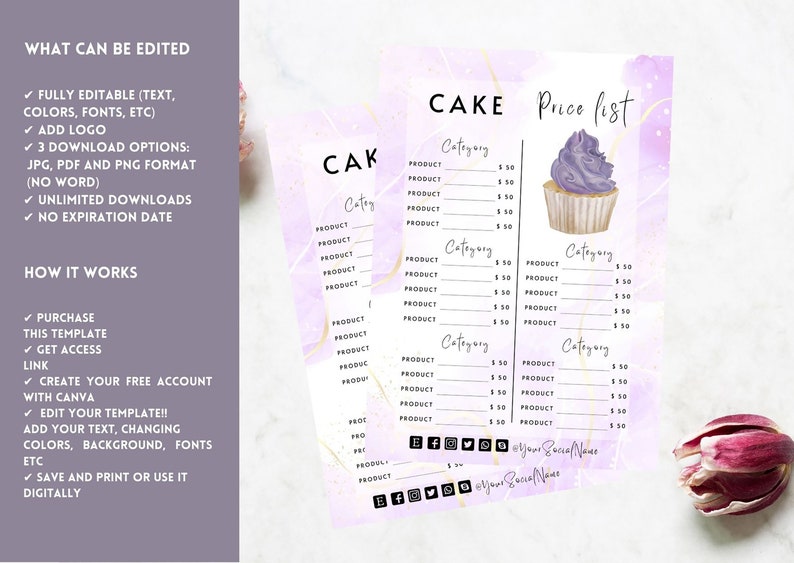 Editable Cake Price List Template for Canva, Bakery Business Price List ...