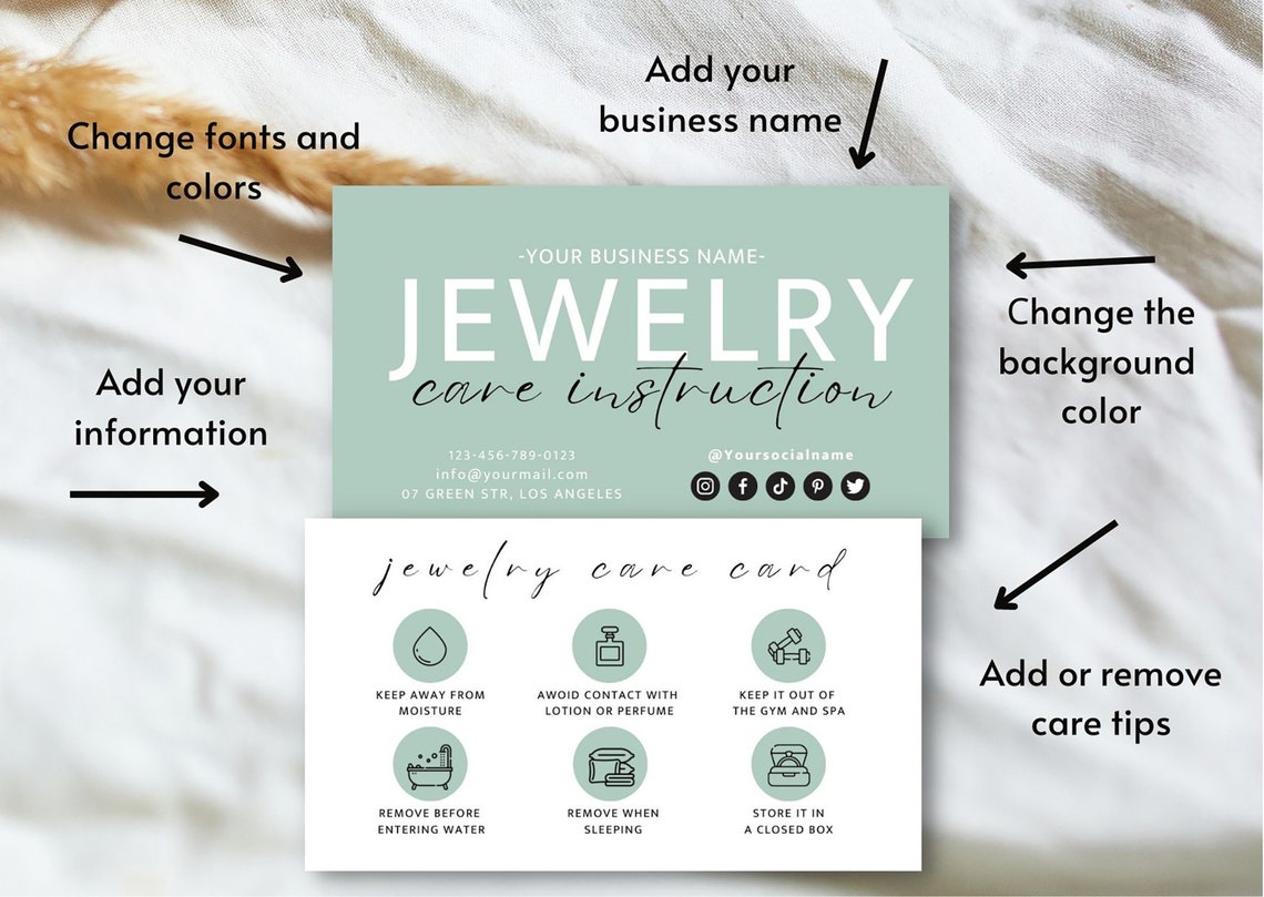 Jewelry Care Card, Printable Jewellery Care Instructions, Editable ...