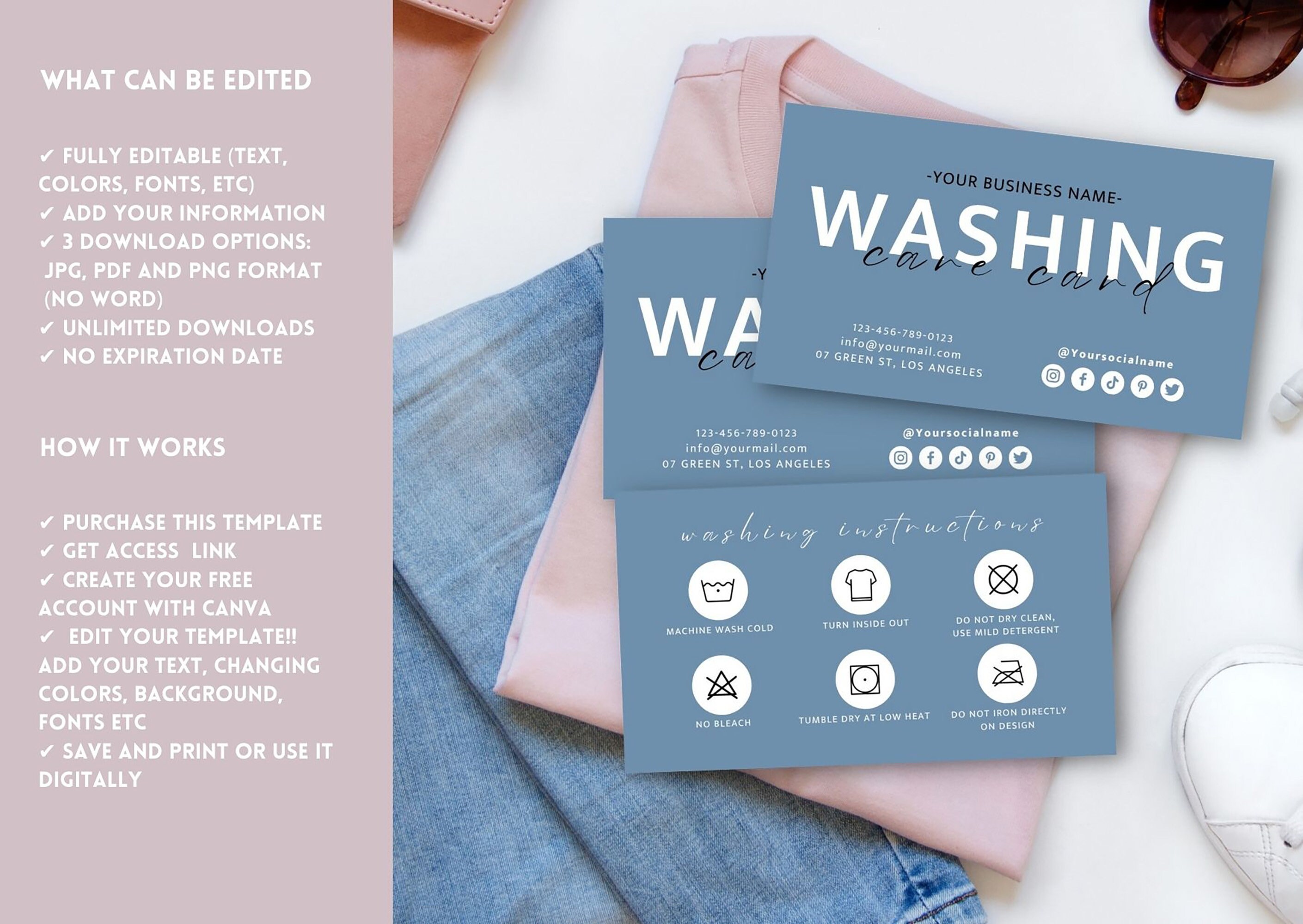 Washing Instructions Card, Printable Apparel Insert Card, Modern ...