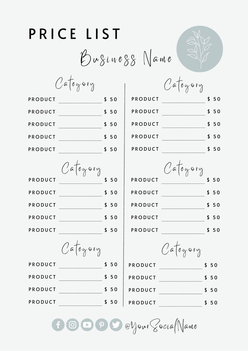 Price List Template Small Business Price List Salon Price - Etsy