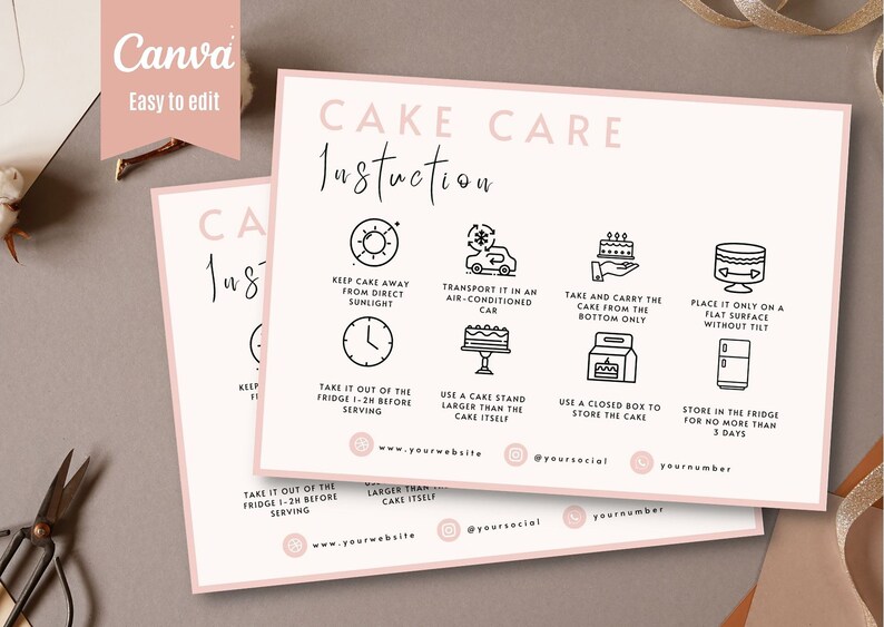 Cake Care Card Template, Canva Editable Cake Care Guide, Printable Pink ...
