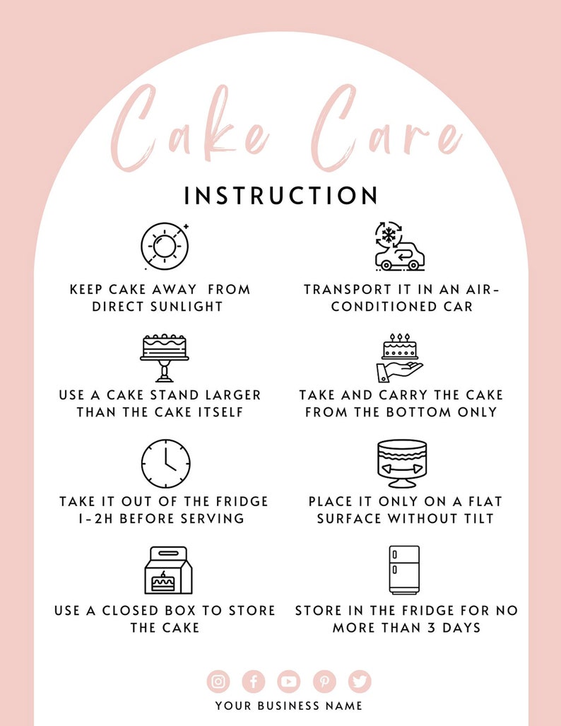 Cake Care Card Template, Canva Editable Cake Care Guide, Printable Pink ...