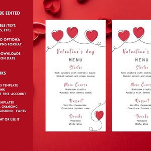 Valentines Day Menu, Red Hearts Dinner Party Menu, Anniversary Birthday ...