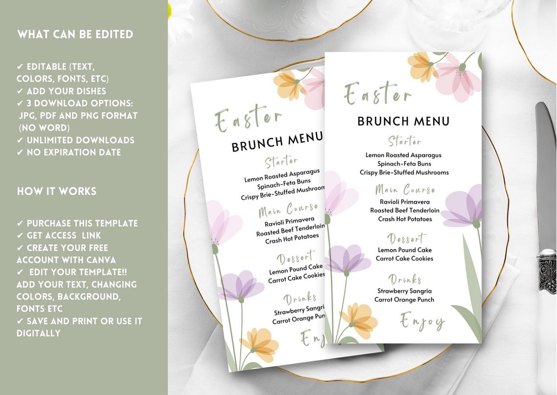 Easter Brunch Menu Template, Printable Floral Easter Menu Cards ...