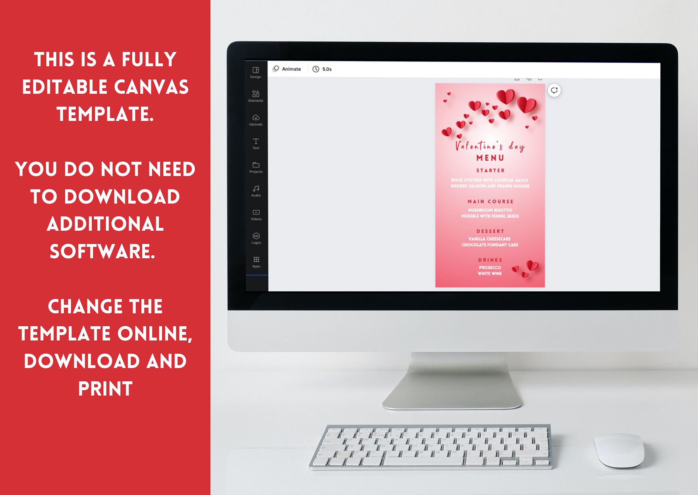 Valentines Day Menu Printable Template, Red Hearts Dinner Party Menus ...