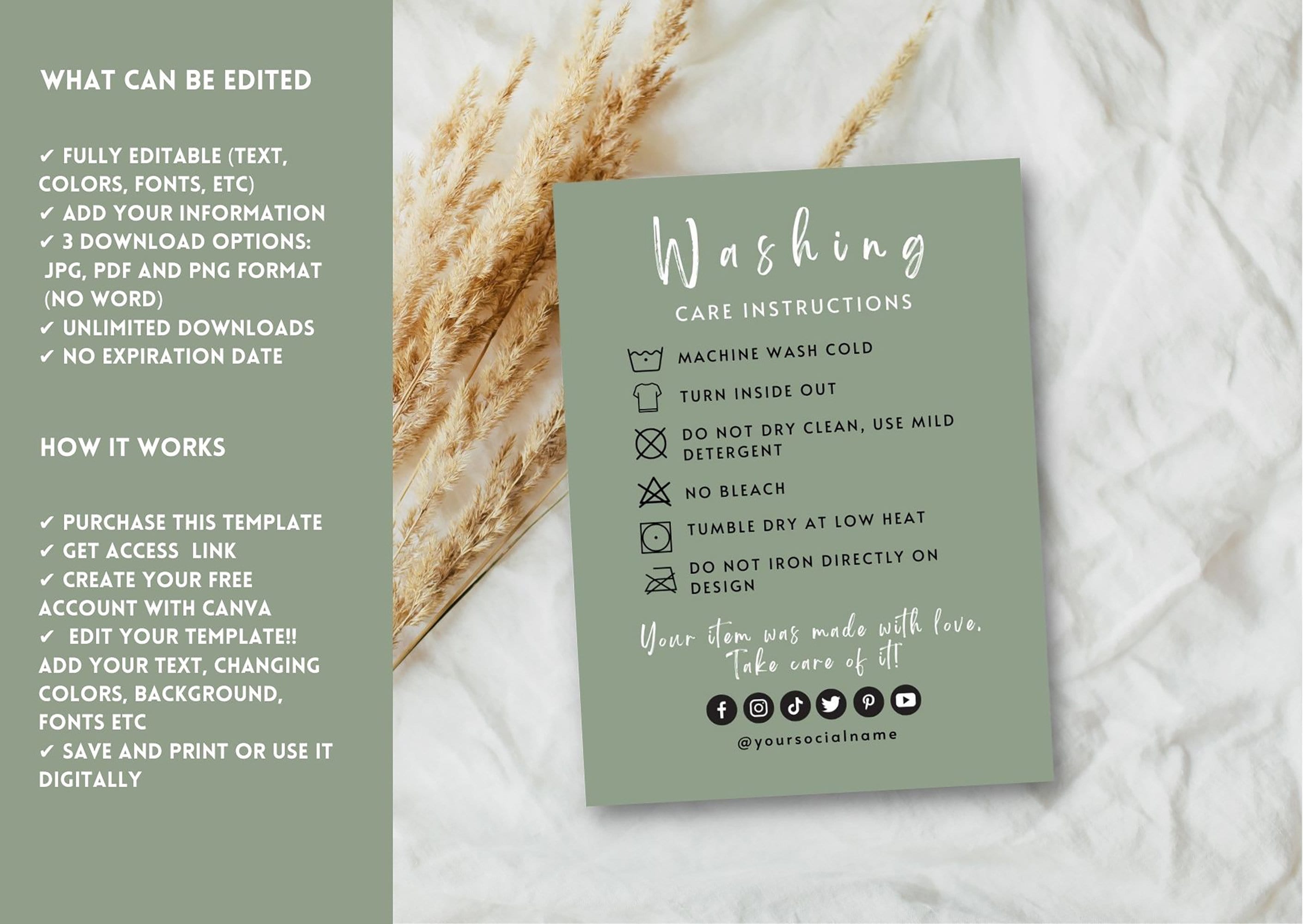Editable Washing Instructions Canva Template, Sage Green Printable ...
