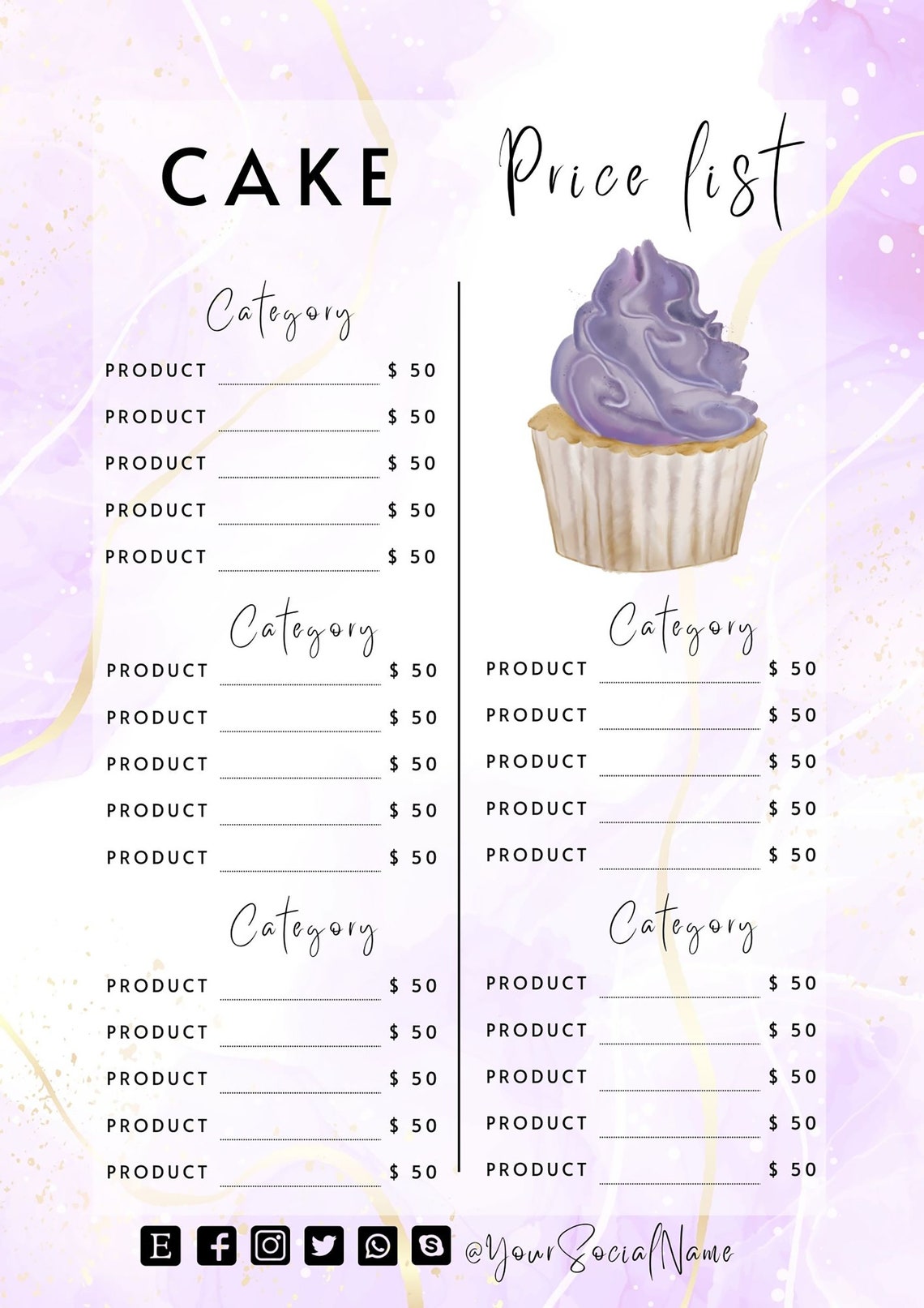Editable Cake Price List Template for Canva, Bakery Business Price List ...