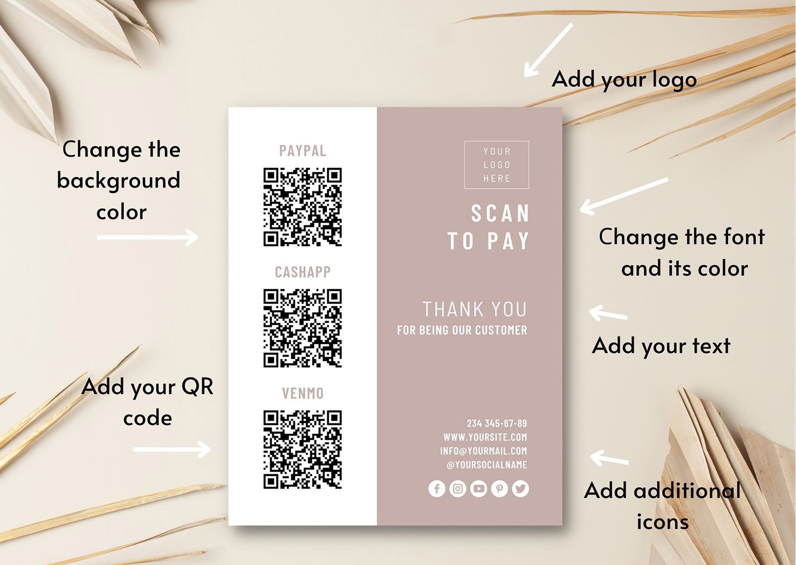 Scan to Pay Sign QR Code Canva Template, Printable Scan to Pay, Boho ...