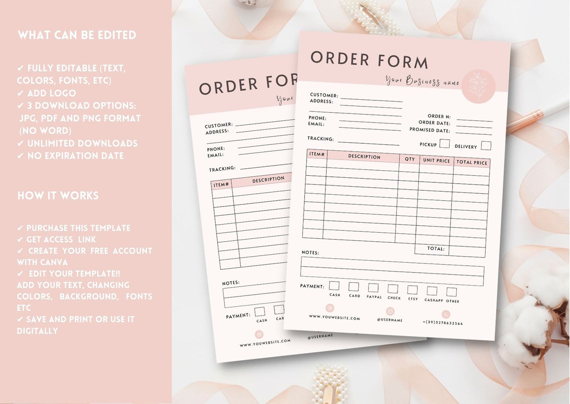Order Form Template Editable on Canva Printable Pink Small - Etsy