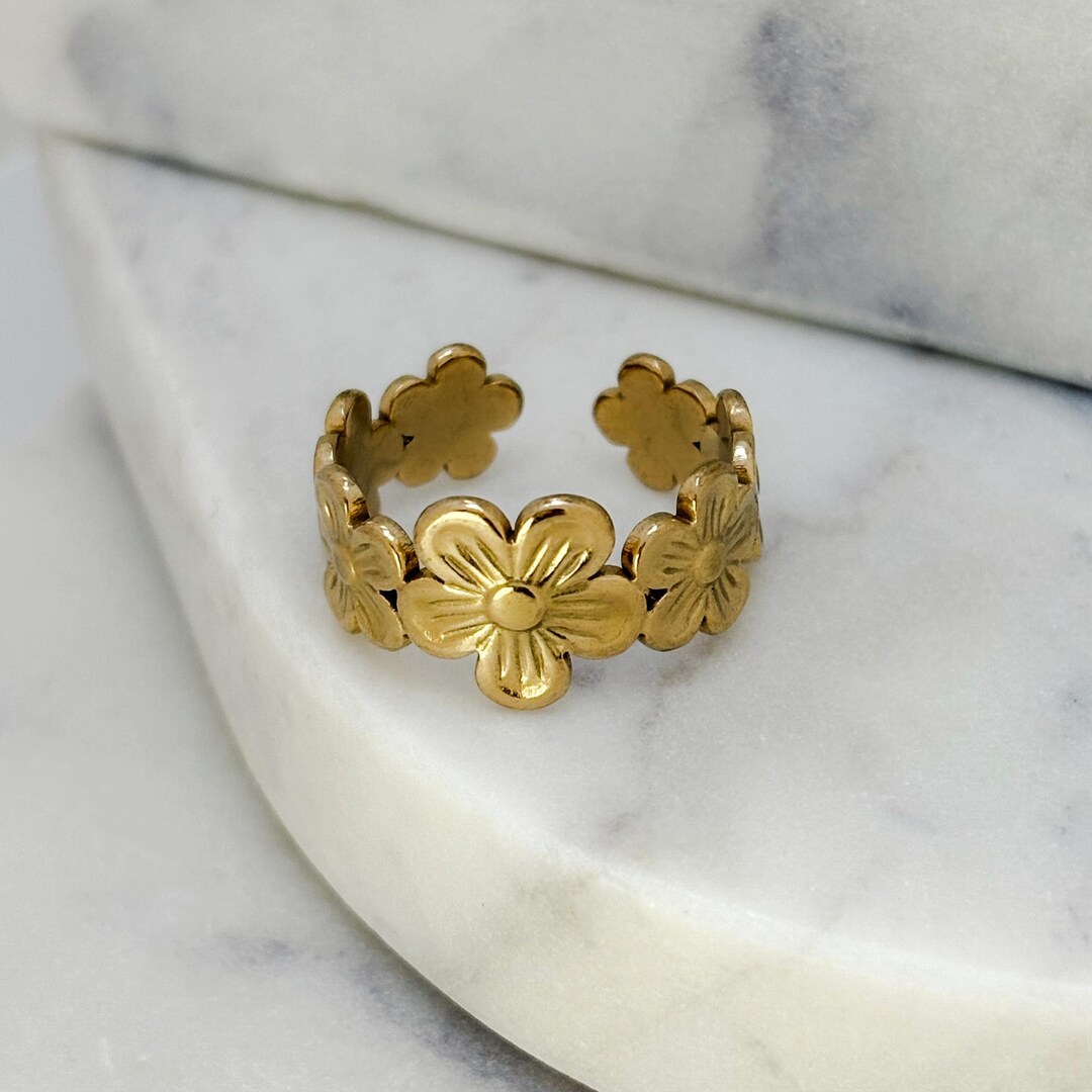 Gold Flower Ring, Stainless Steel, Adjustable Gold Ring, Open Ring ...
