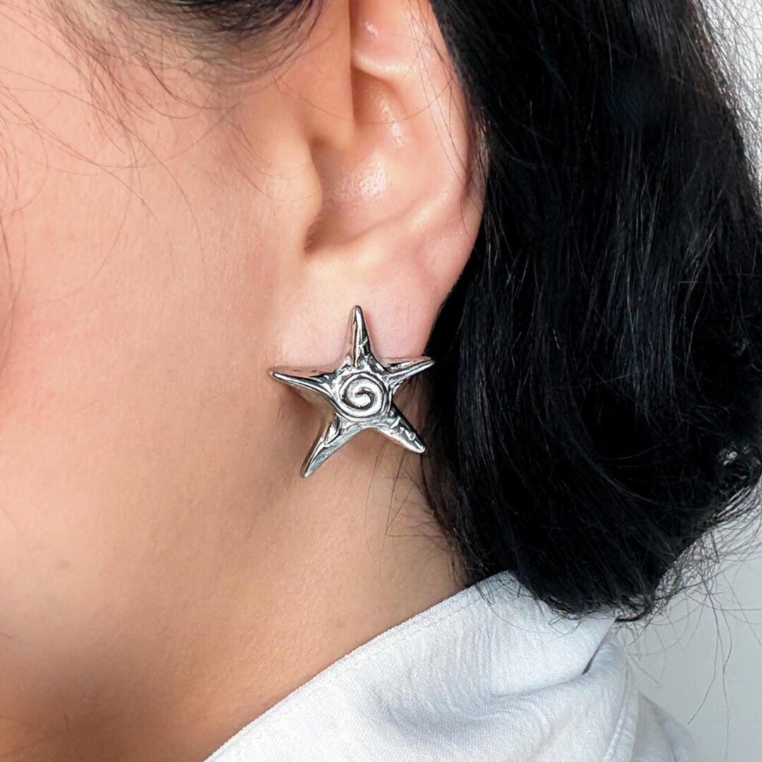 Chunky Starfish Stud Earrings, Silver Stainless Steel, Waterproof ...