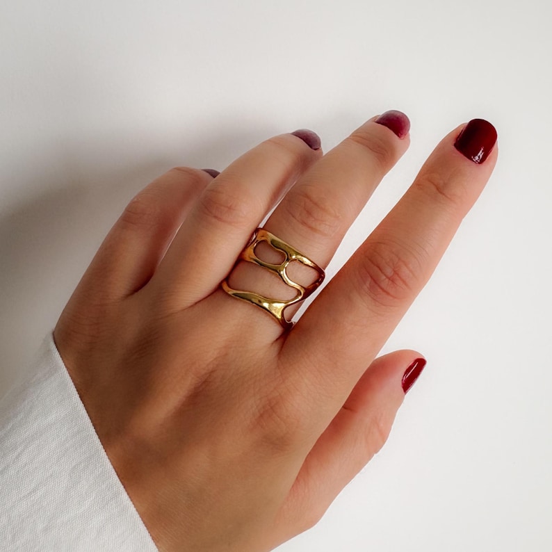 Gold Wave Ring, Waterproof Stainless Steel, Adjustable Statement Band ...