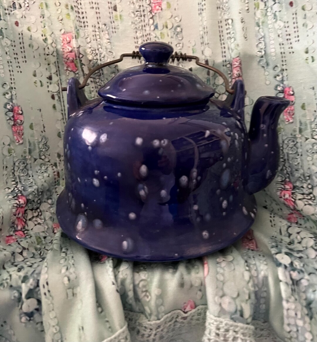 Vintage Enameled Dark Blue Tea Pot - Etsy