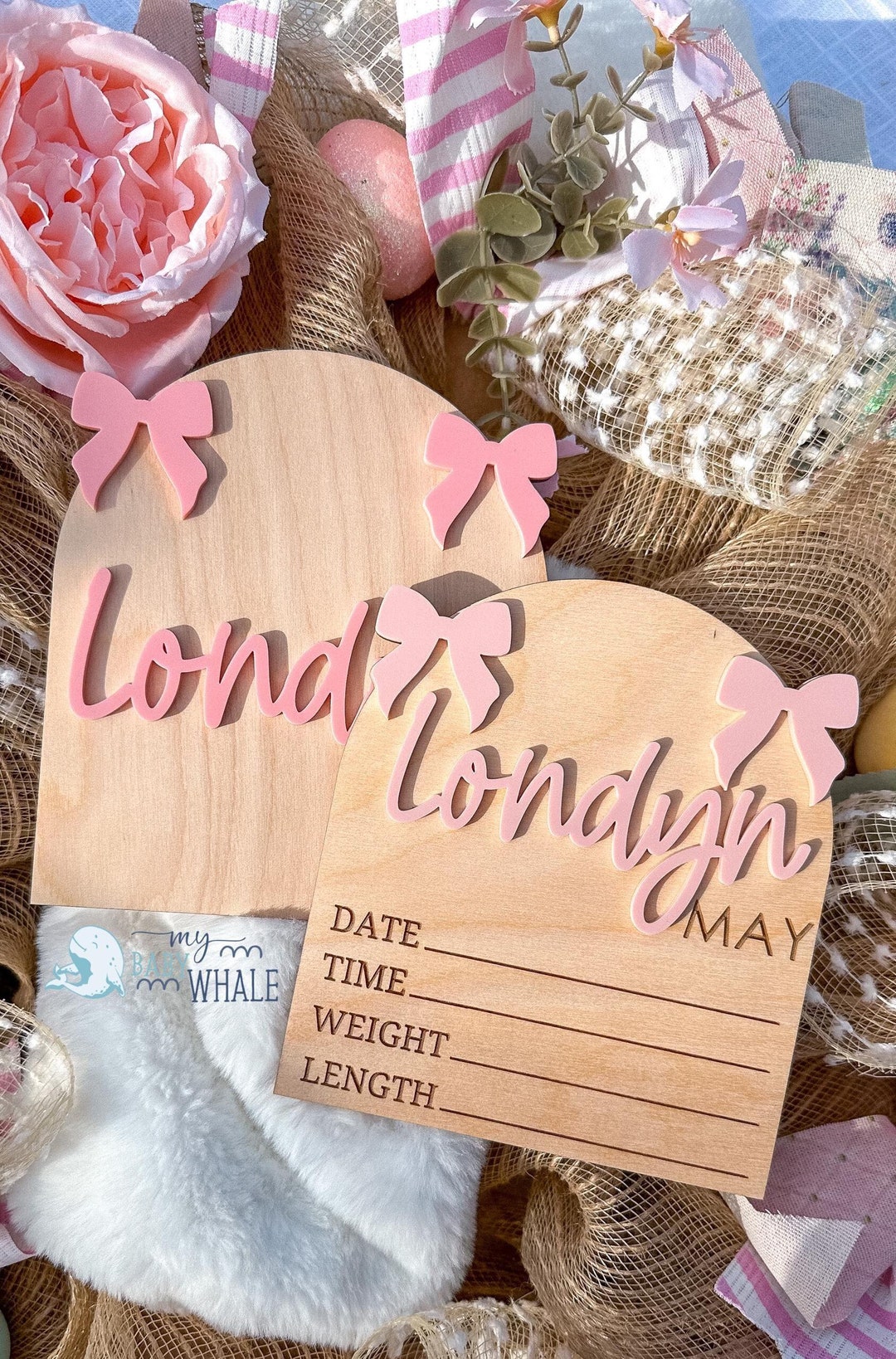 Baby Girl Birth Announcement Sign: Wooden Name Sign With Bows - Etsy