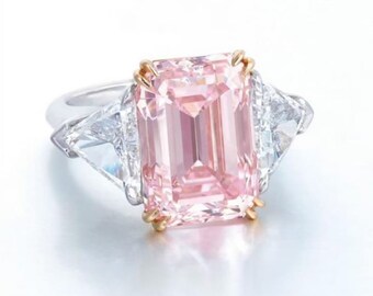 White Gold Three Stone Ring, Pink Emerald With Triangle Cut Diamond ...