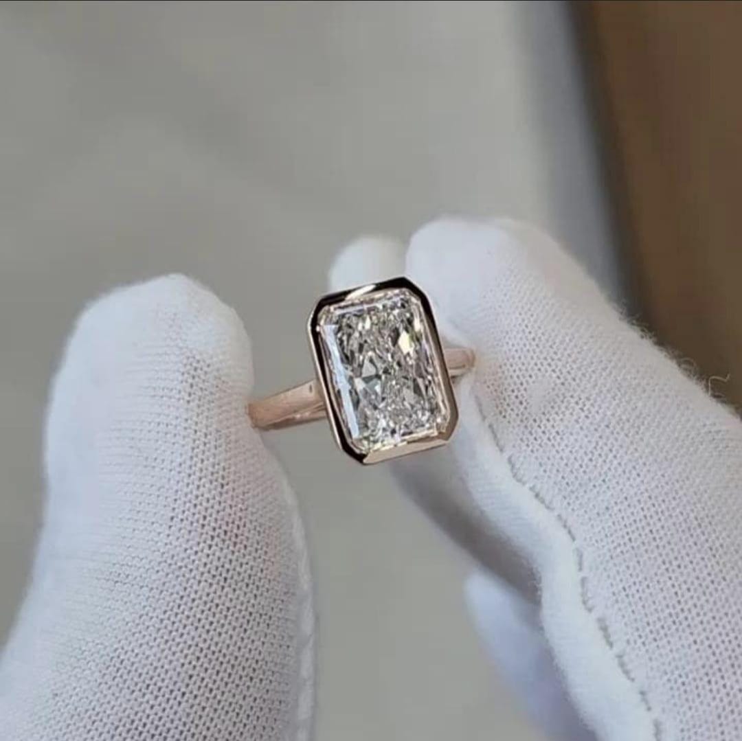 3.0ct Radiant Cut Diamond Bezel Setting Engagement Ring, 14K Gold Solitaire Ring, Radiant ...
