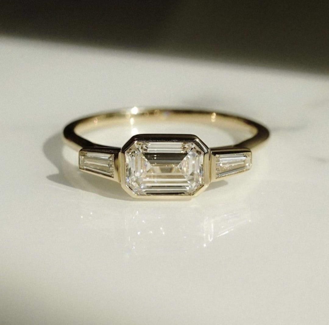 Emerald Cut Diamond Engagement Ring, Three Diamond With Side Tapper ...