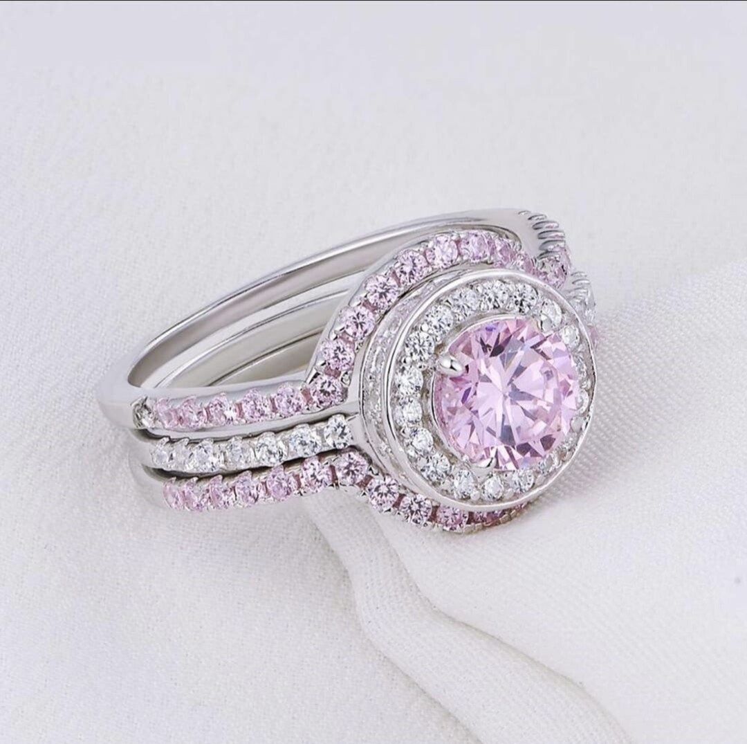 Stacking Contour Bridal Ring Set, Beautiful Pink Gemstone Ring Set ...