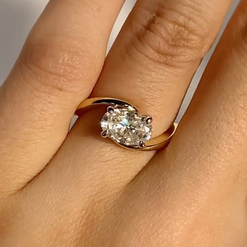 Twisted Engagement East-west Ring, Bypass Oval Engagement Ring, 1CT Moissanite Diamond Ring, Art ...