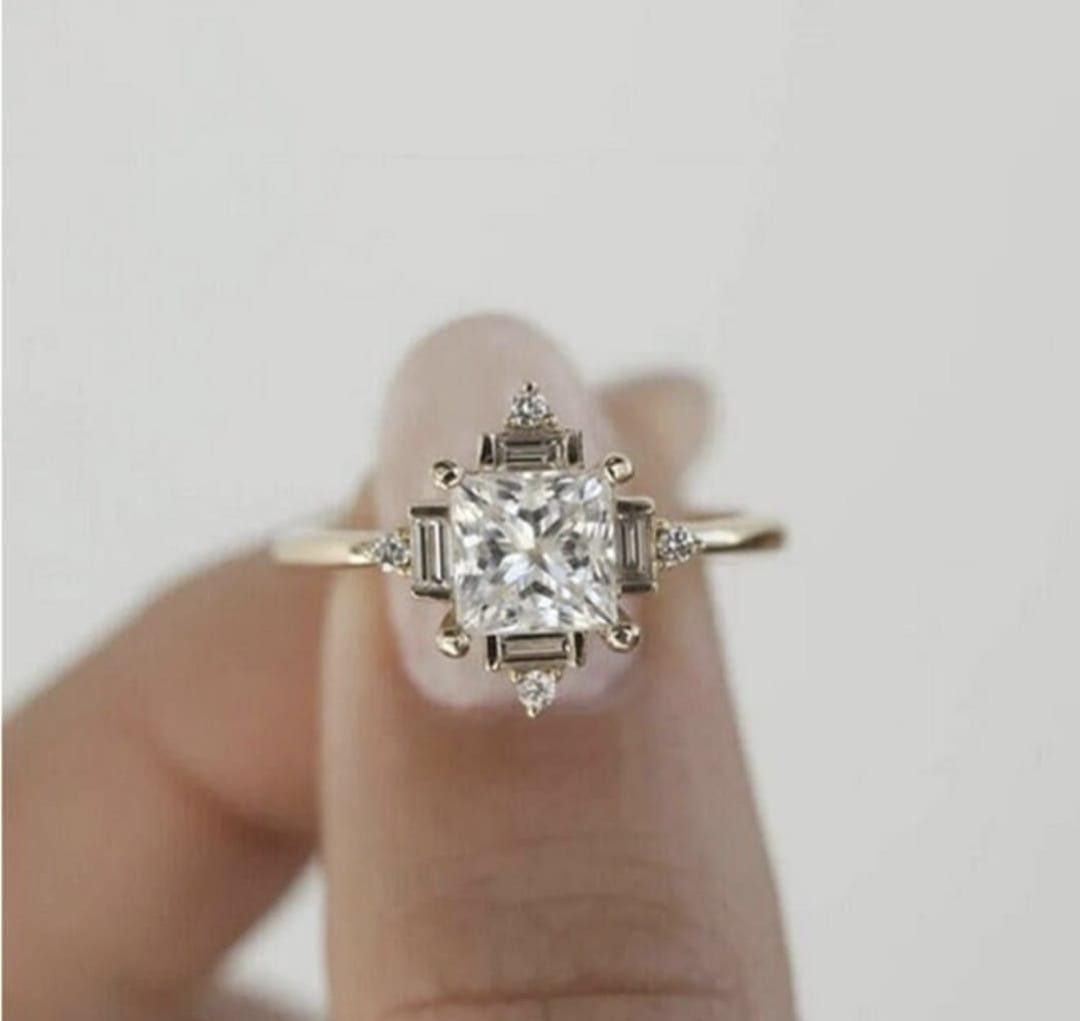 1.5CT Princess Cut Engagement Ring, Multi Shape Stone Ring, 14K Solid ...