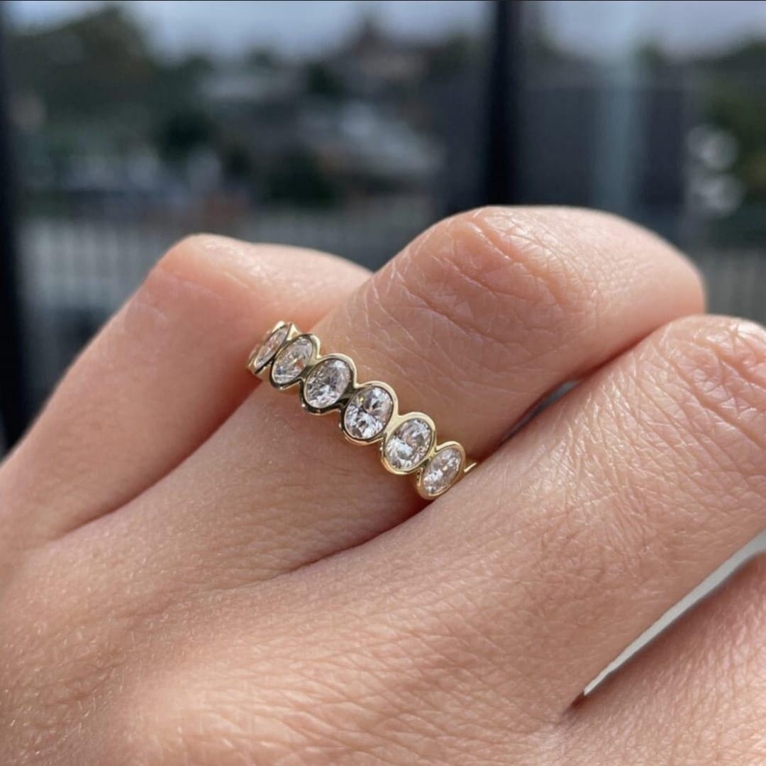 Bezel Set Oval Wedding Ring, 14K Gold Half Eternity Ring, Bezel Set ...